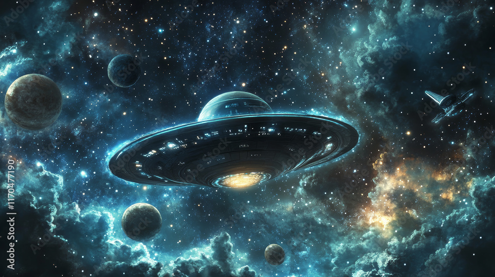 Landing page, space with cartoon galaxy planets and UFO, vector website ...