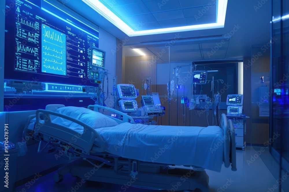 Empty hospital bed illuminated by screens showing vital signs in ...