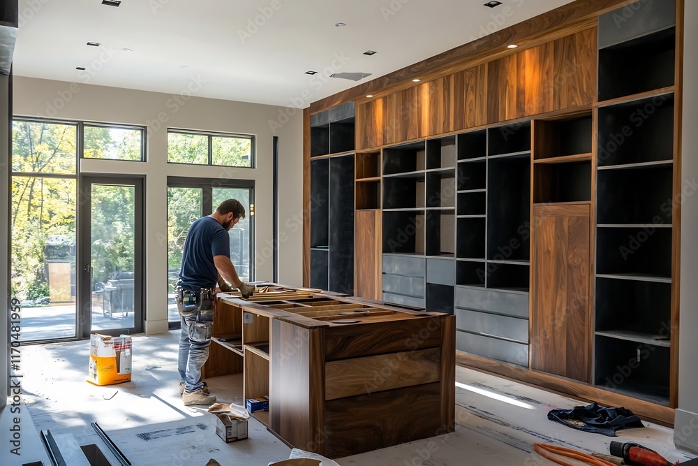 Carpenter Installing Custom Cabinets in Modern Home Office with Natural ...