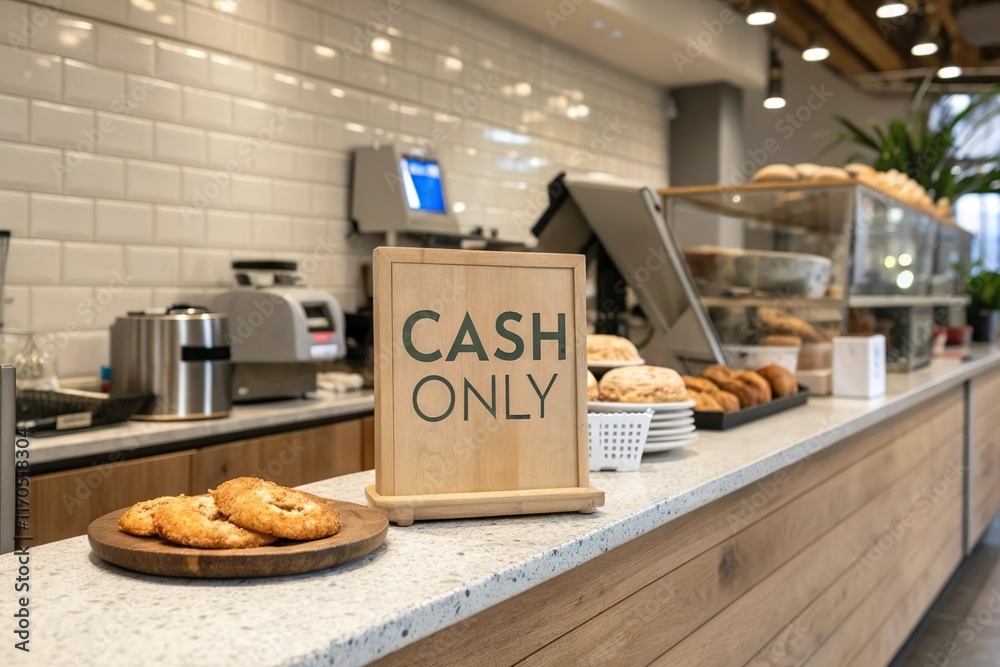 Cash only sign at bakery counter. Business payment policy Stock Photo ...