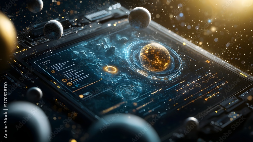 Futuristic quantum computing setup simulating projectile motion on different planetary surfaces ...