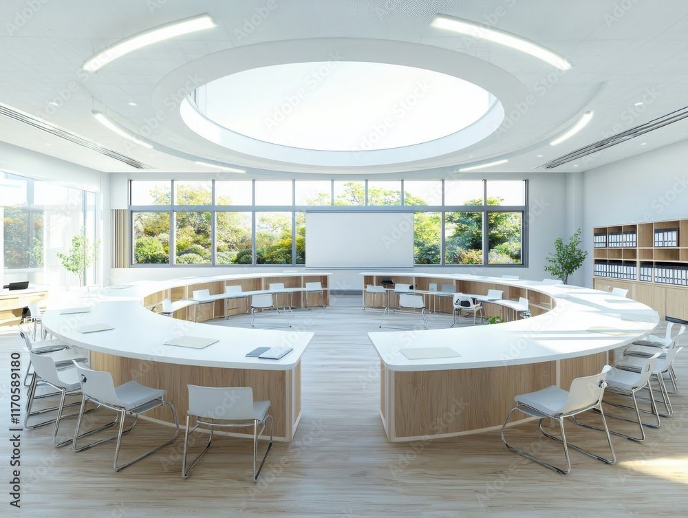 Innovative classroom design with two circles setup modern educational space interior ...