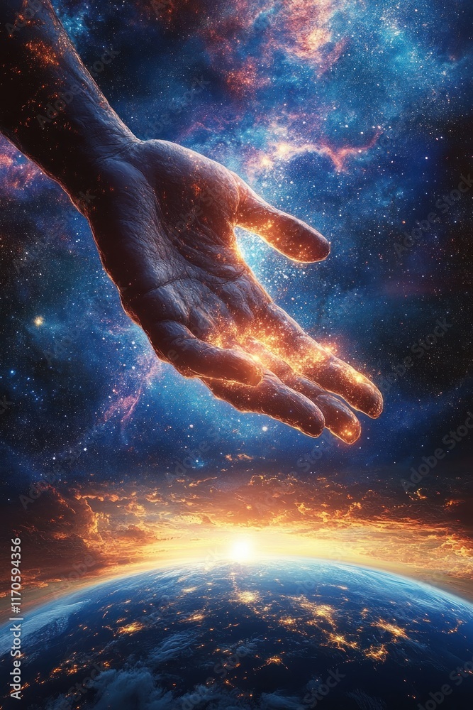 Cosmic Creation Depiction of God Reaching for Earth in Surrealism with ...