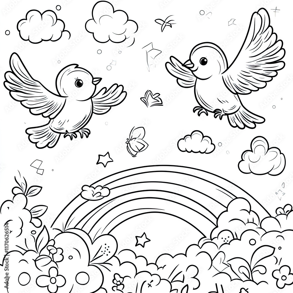 Simple Coloring Page: Birds Flying Around a Rainbow for Kids Stock ...