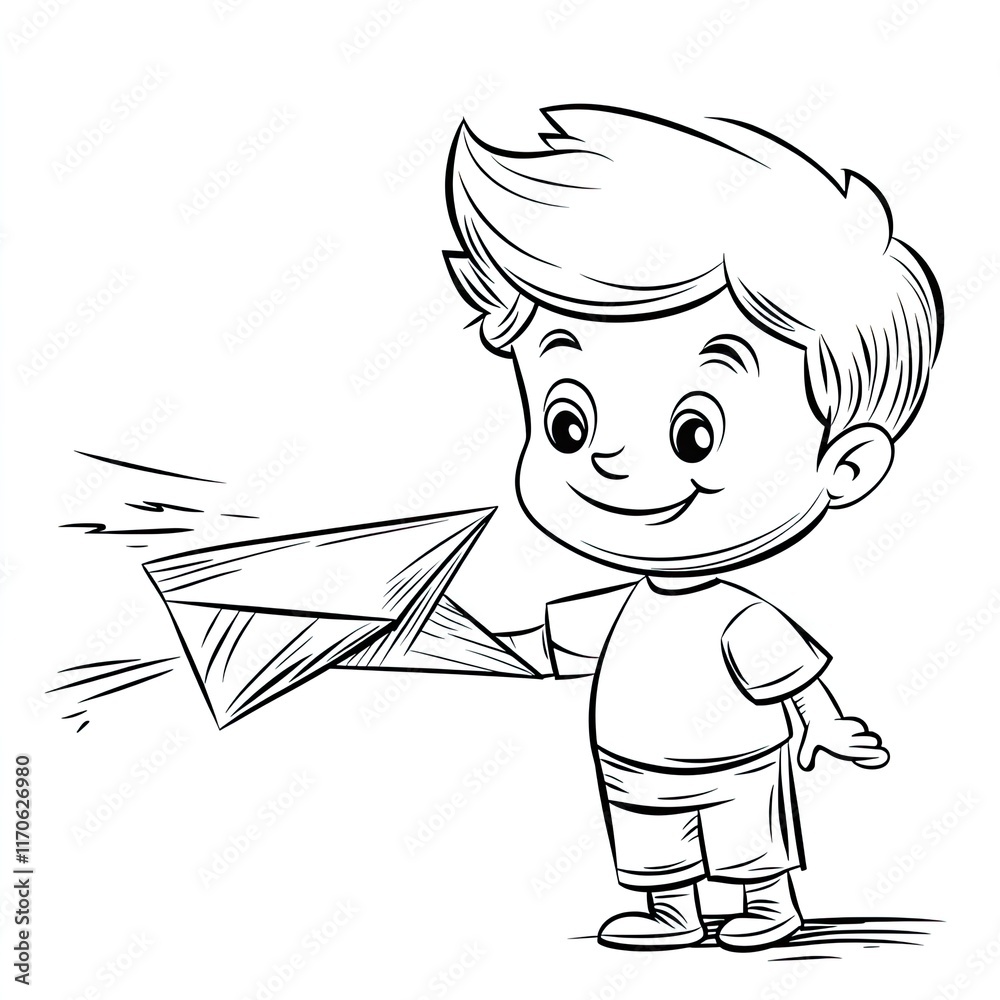 Simple Coloring Page: Boy Flying Paper Airplane, Kids Activity, Easy ...