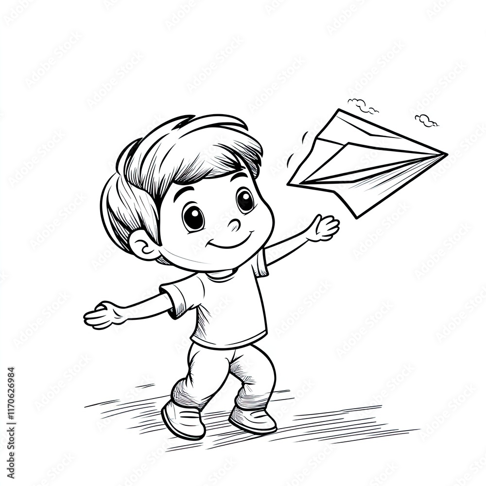 Simple Coloring Page: Boy Flying Paper Airplane, Kids Activity, Easy ...