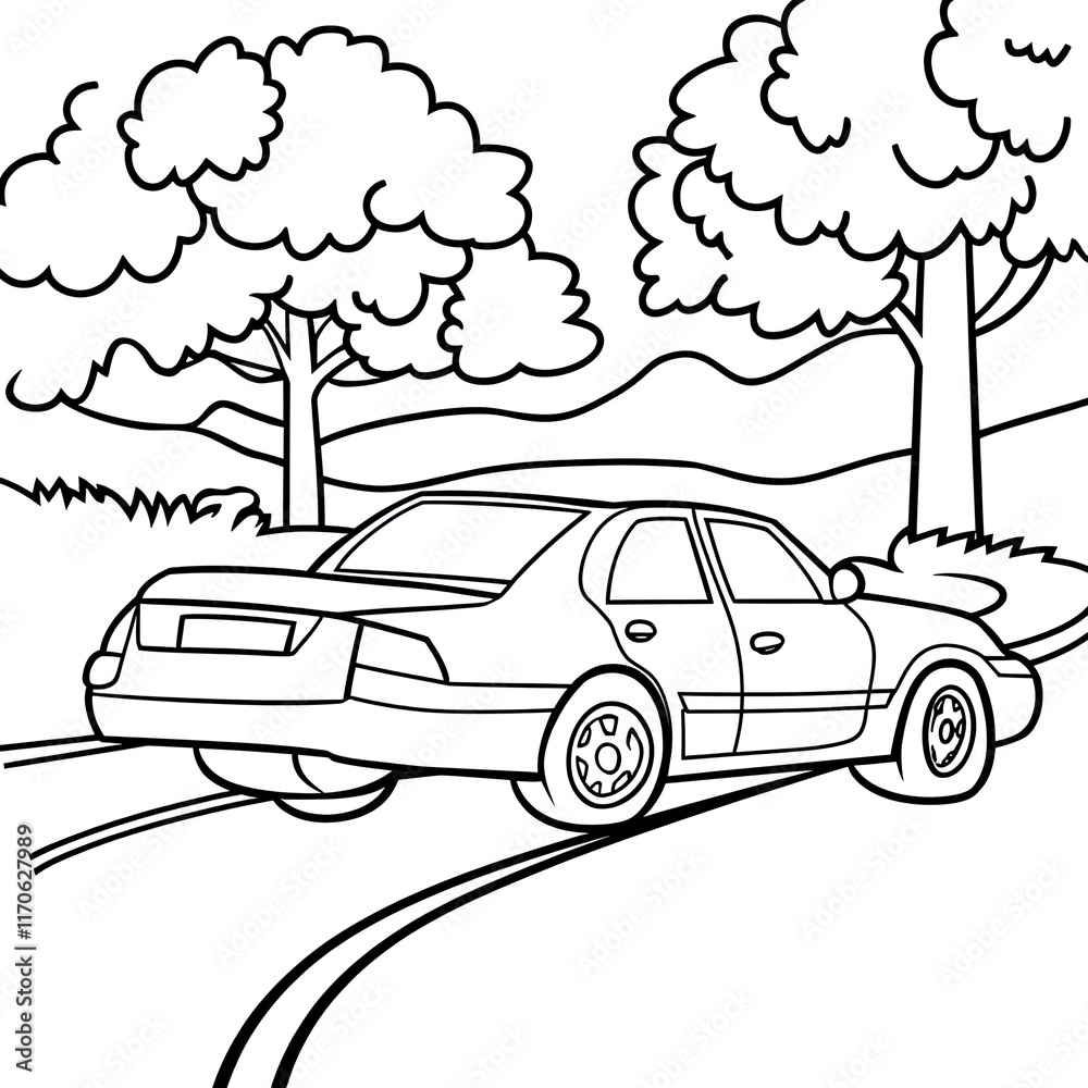 Simple Coloring Page: Car Driving on a Road for Kids' Activities Stock ...