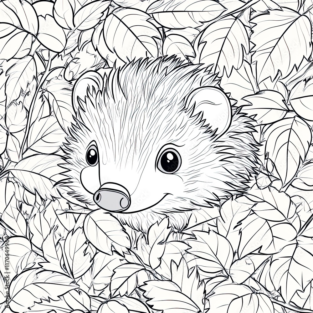 Simple Hedgehog Coloring Page for Kids: Four Adorable Leaf-Surrounded ...