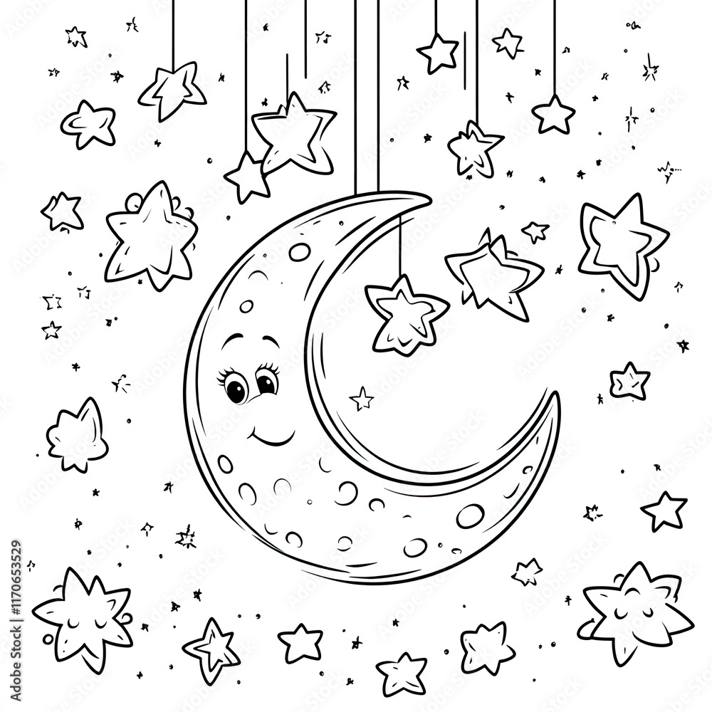 Simple Moon and Star Garland Coloring Page for Kids: Easy Printable ...
