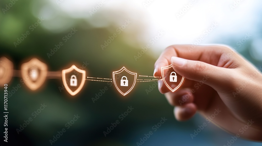 Hand Reaching Toward Digital Security Shields with Lock Symbols Stock ...