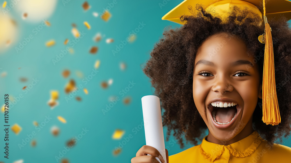 Portrait of cheerful elementary school student wearing graduation cap ...