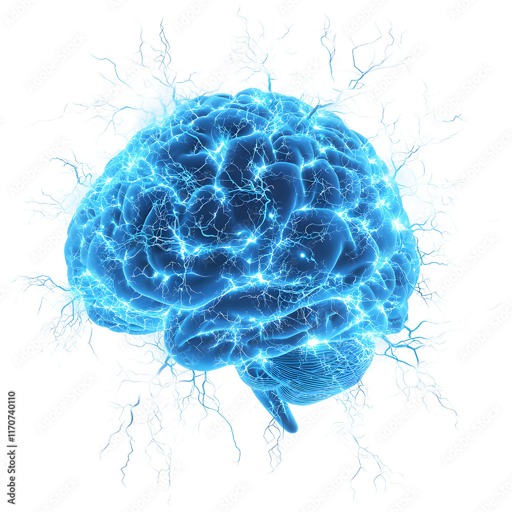 Brain in blue working with top performance. isolated on transparent ...