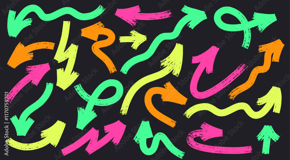 Colored marker drawn arrows set. Hand drawn grunge red, green, orange ...