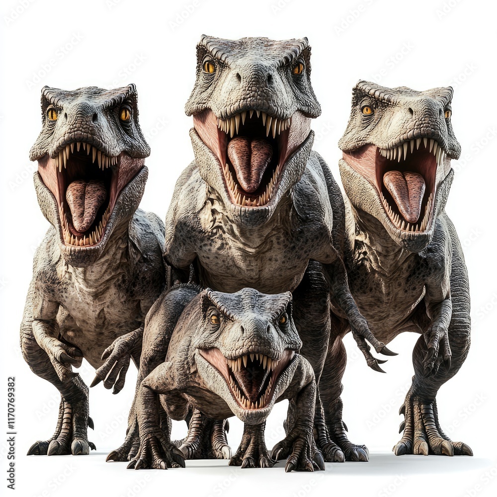 Four roaring dinosaurs in a dynamic pose, showcasing their fierce ...