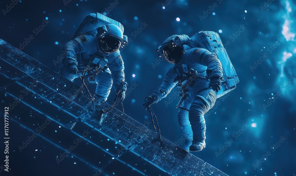 Astronauts spacewalk repair cosmic nebula Stock Photo | Adobe Stock