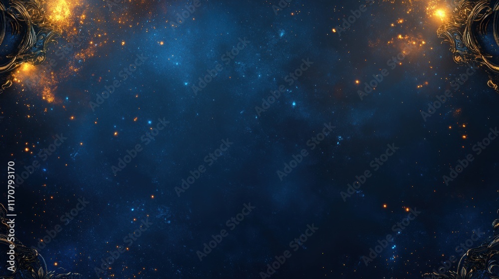 Dark Blue Cosmic Background with Ornate Gold Frame, Glowing Embers and ...