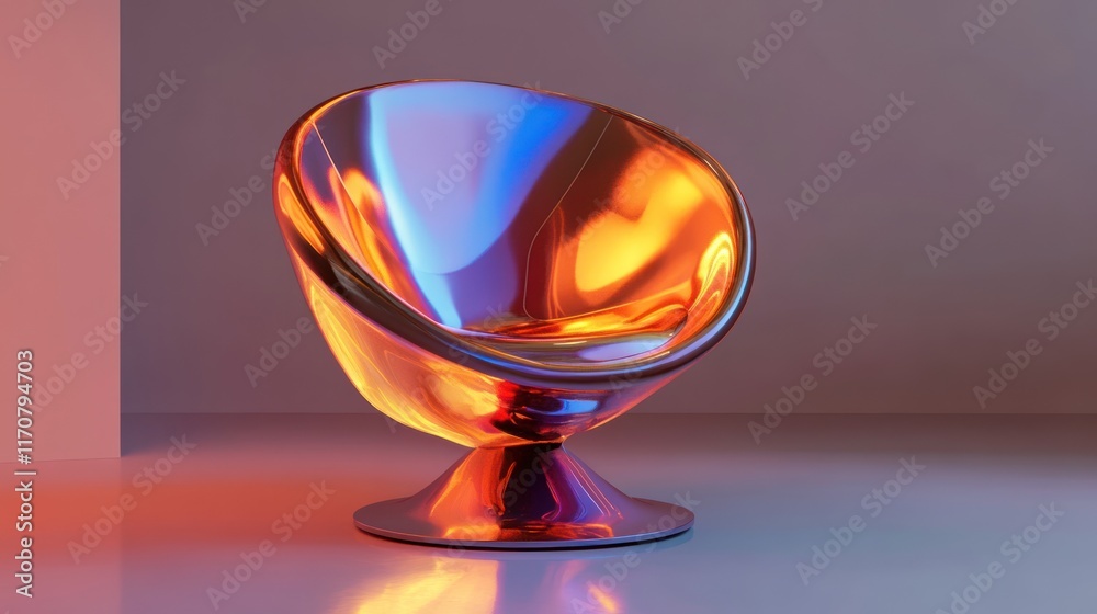 Modern, iridescent, bowl-shaped chair with a metallic finish, lit by ...