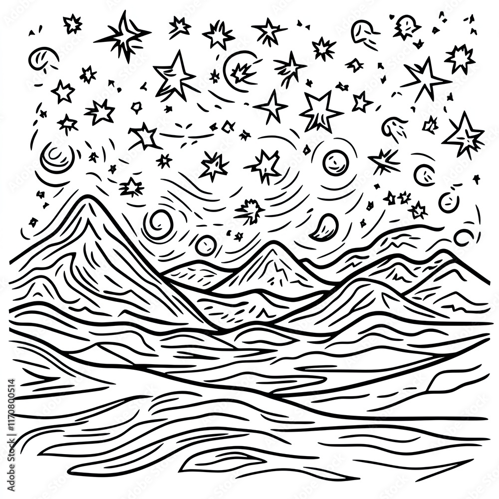 Ilustración de Stock Simple Starry Night Mountain Coloring Page for ...