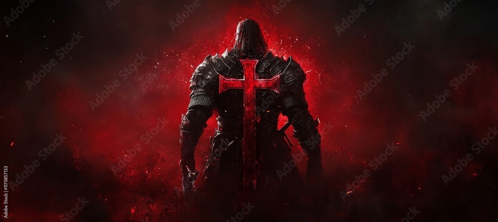 Warrior knight with red Jesus Cross symbol on his back. Religion faith ...