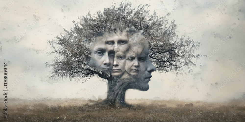 Abstract depiction of a fading family tree where the faces of ancestors ...