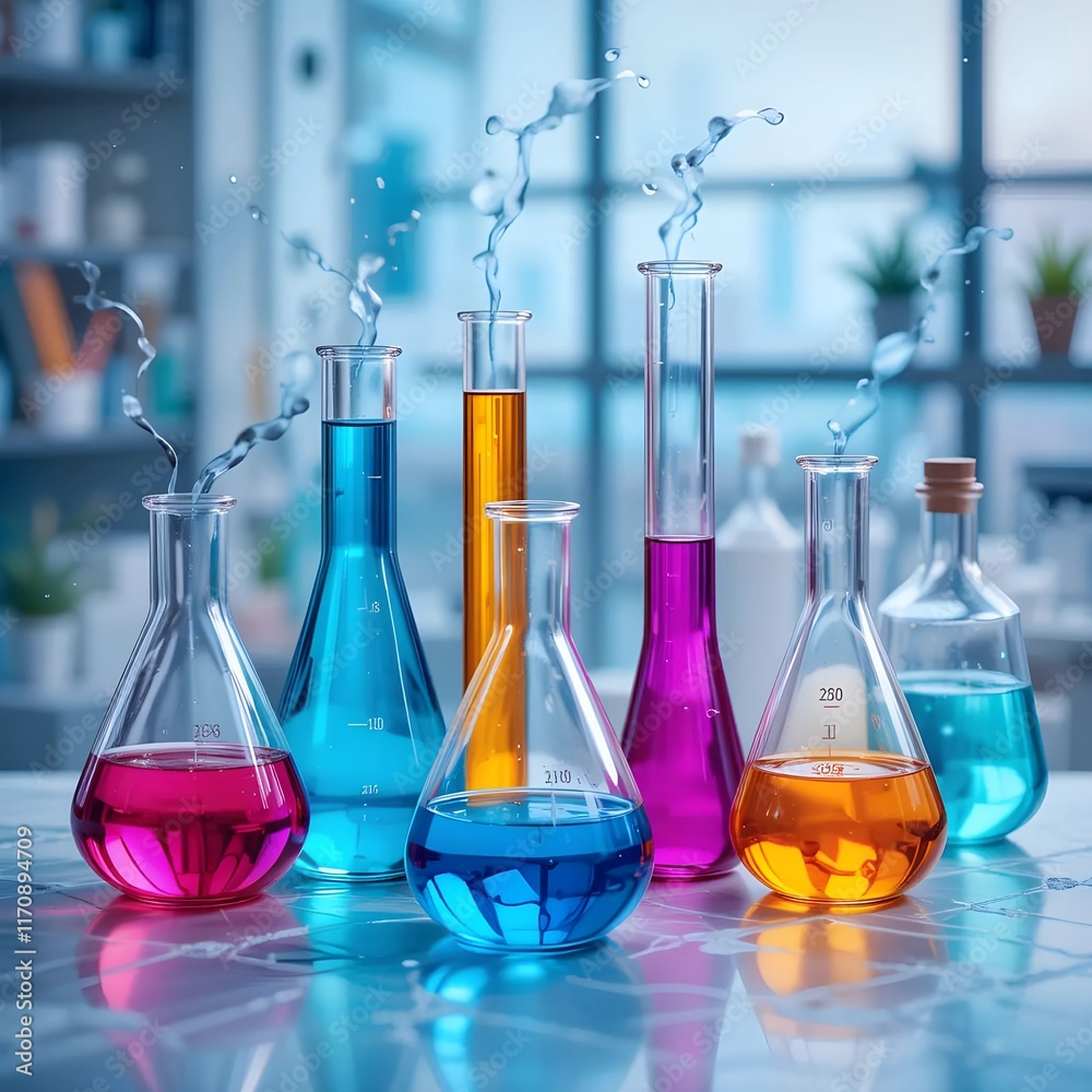 A detailed laboratory setup featuring glass beakers and flasks filled ...