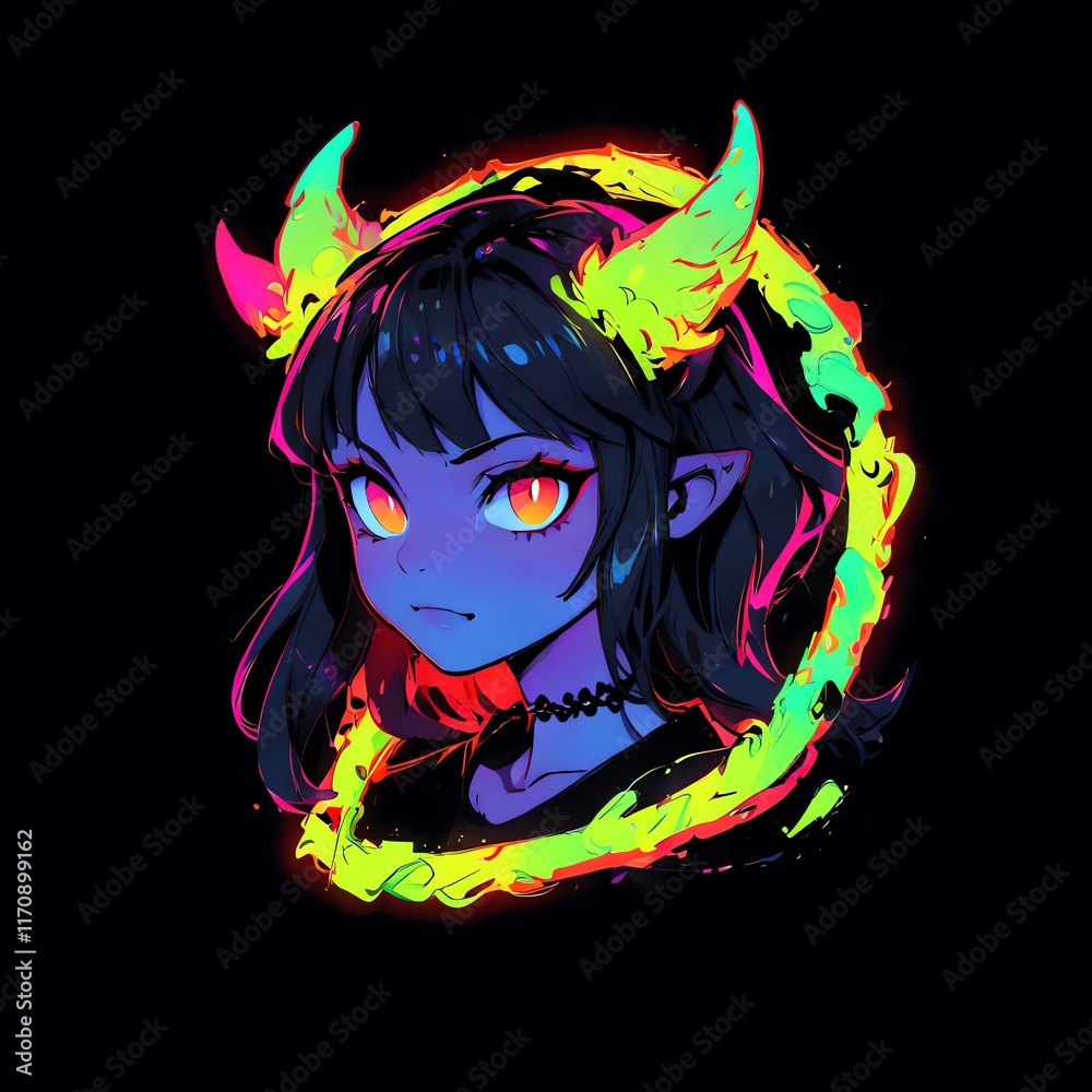 Neon Demon Girl: A vibrant digital artwork of a stylized demon girl ...