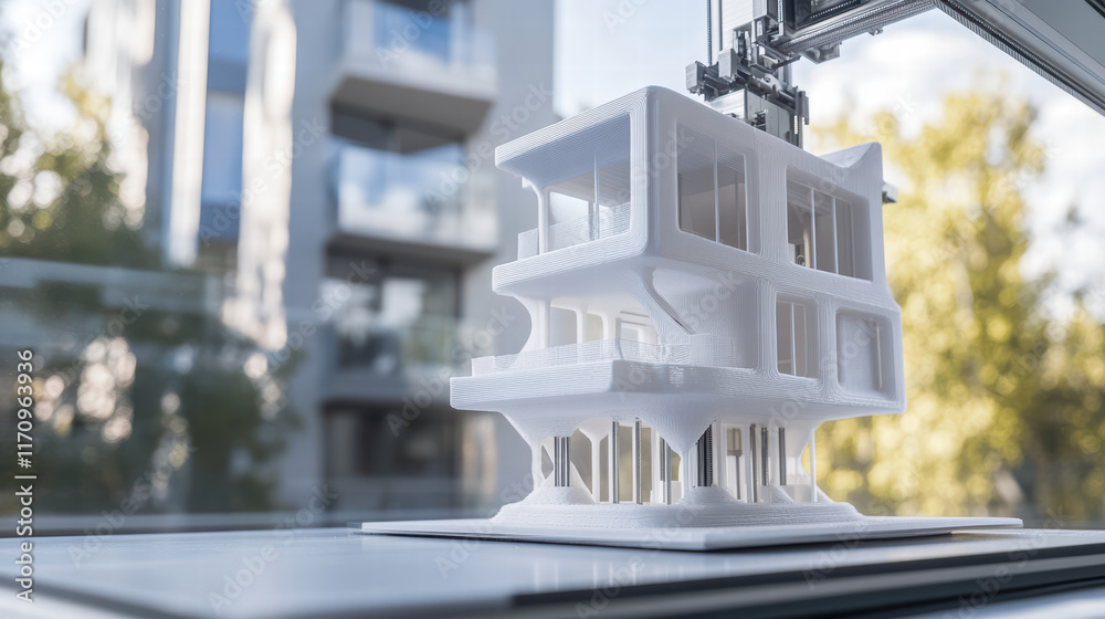 3D printer working on multi story house model, showcasing modern ...