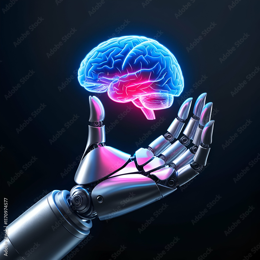 A robot hand holding a human brain, robot arm with human brain ...