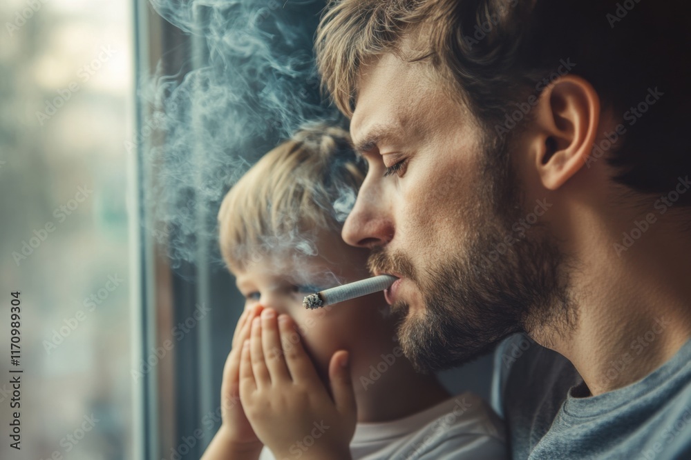 father smoking near child who covers nose from smoke, bad habits, passive smoking, world no ...