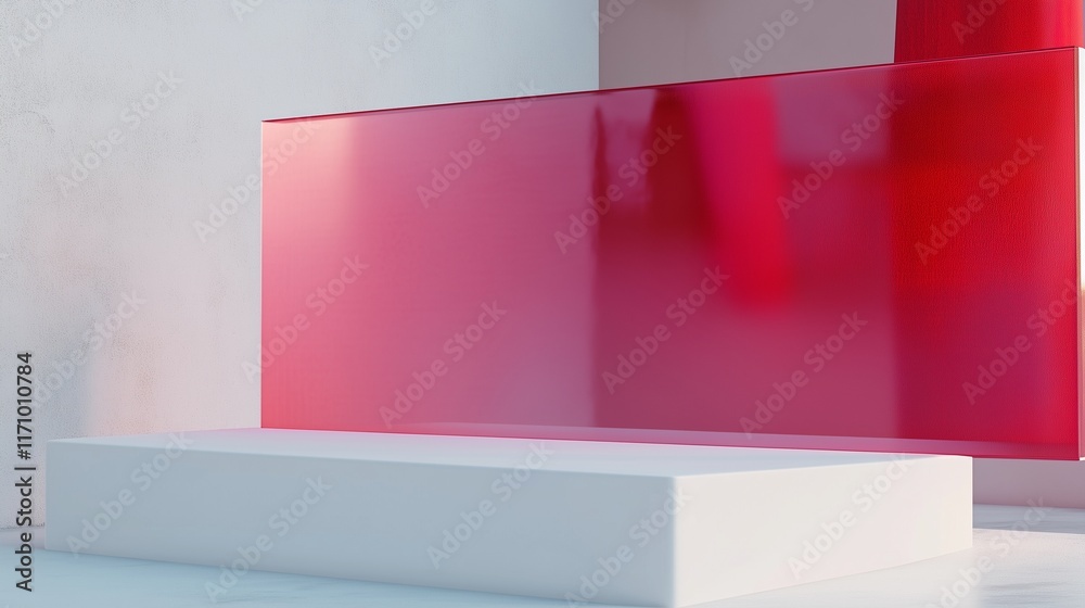 Closeup 3D render of a white podium with a reflective pink glass ...