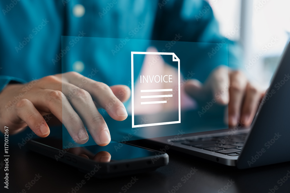 Digital online e-invoice concept, businessman using laptop computer ...