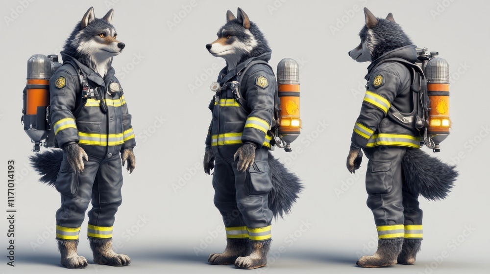 Anthropomorphic wolf firefighter in full uniform, shown from three ...