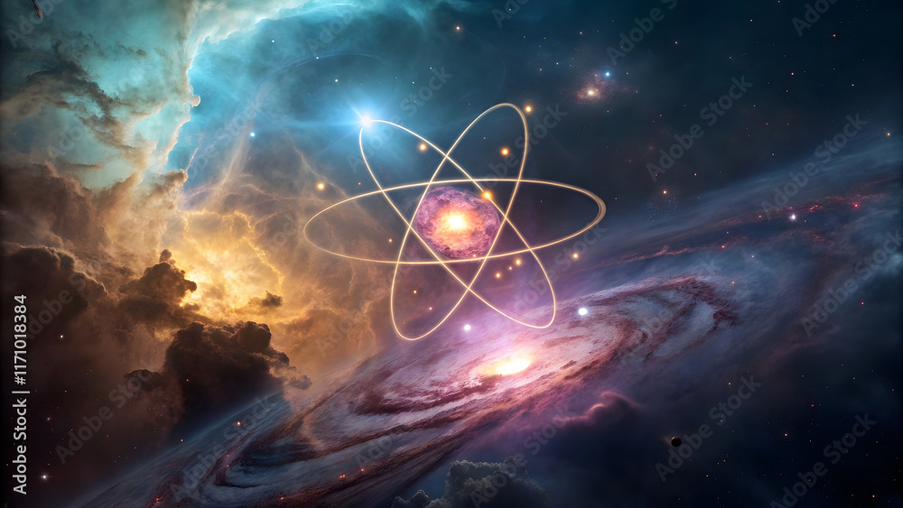 An intricate atom floating within a cosmic nebula, its nucleus glowing ...