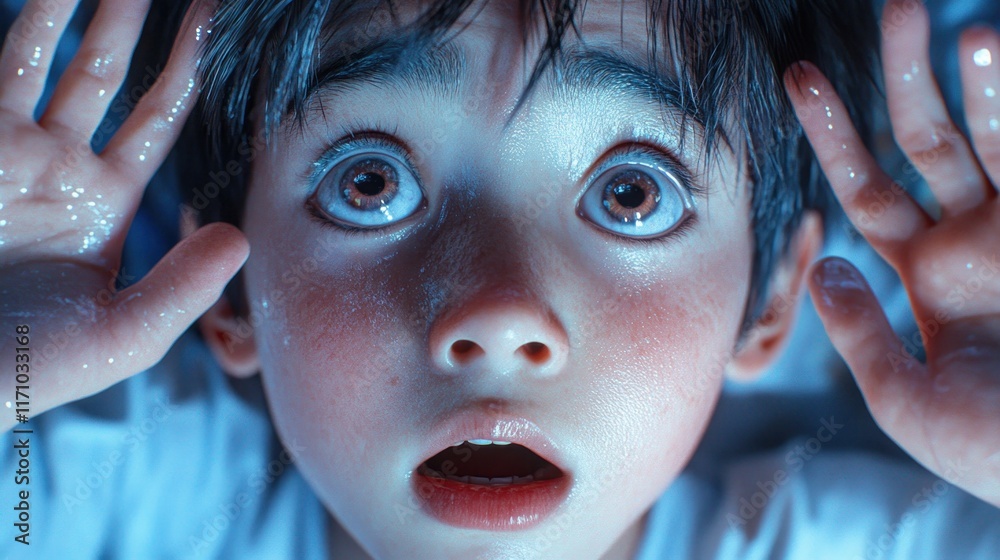 A close-up of a young child's face with wide, shocked eyes and hands ...