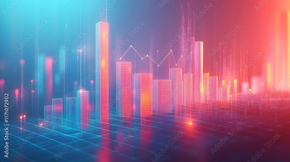 Professional 3D business chart showcases white ascending bars with upward arrow on light blue ...
