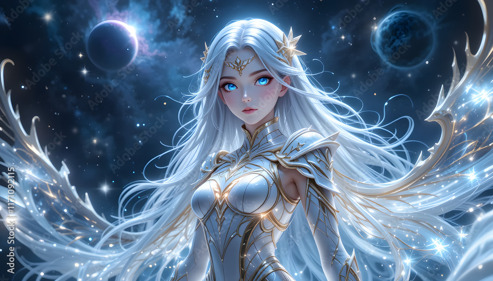 Celestial maiden in white armor, gazing intensely amidst stars and ...