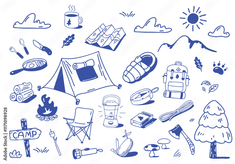 Set of camping items Camping, hiking doodle style hiking equipment ...