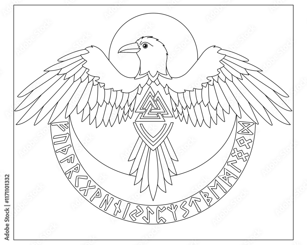 Odin's Raven, Elder Futhark Runes and Moons on Snowy Sky Background ...