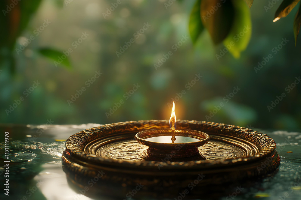 Traditional Vishnu brass oil lamp with soft glow flame in indian ...