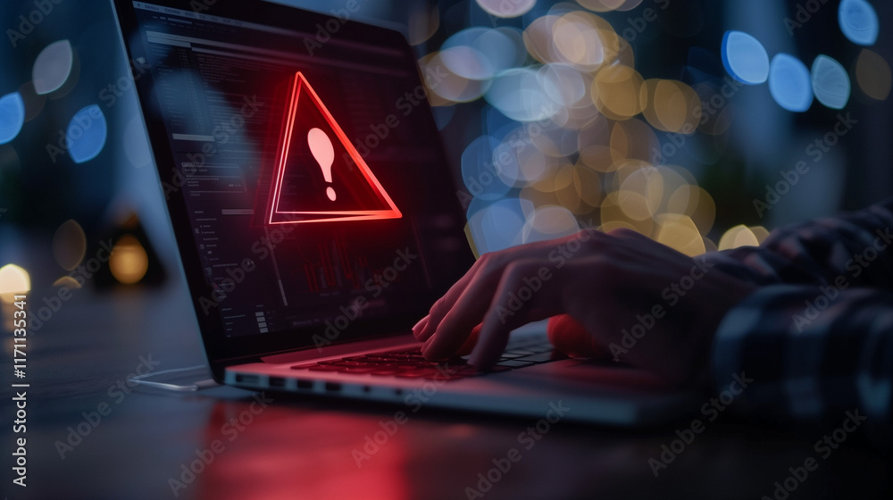 Scam Alert Warning with Cybersecurity Icons. A person using laptop ...