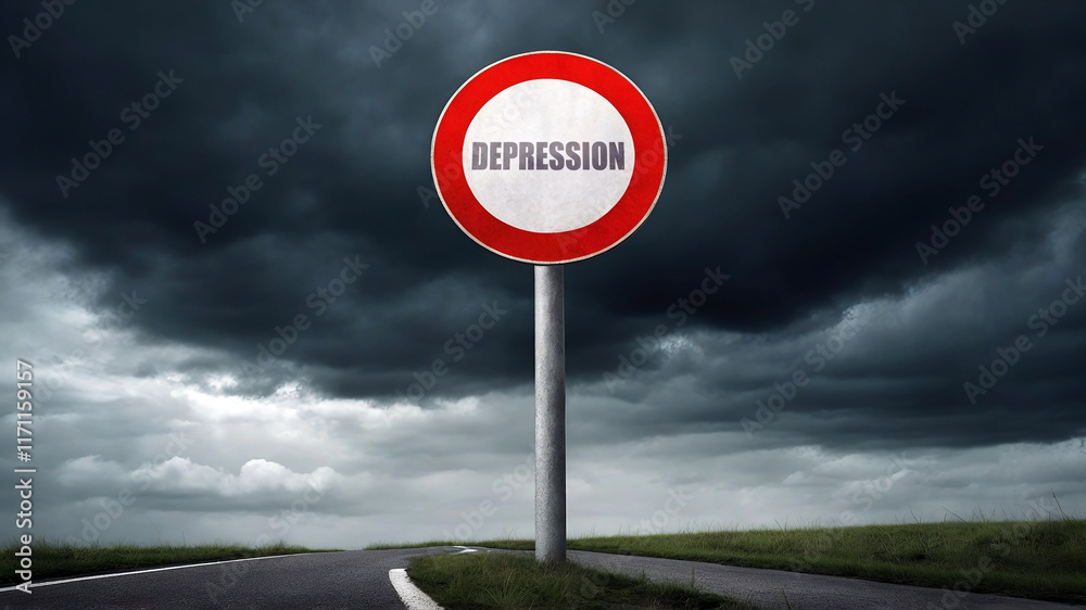 warning stop depression sign on the road with dark scary cloudy sky ...
