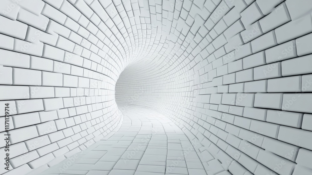 Curved white brick tunnel with smooth geometric design forming a ...