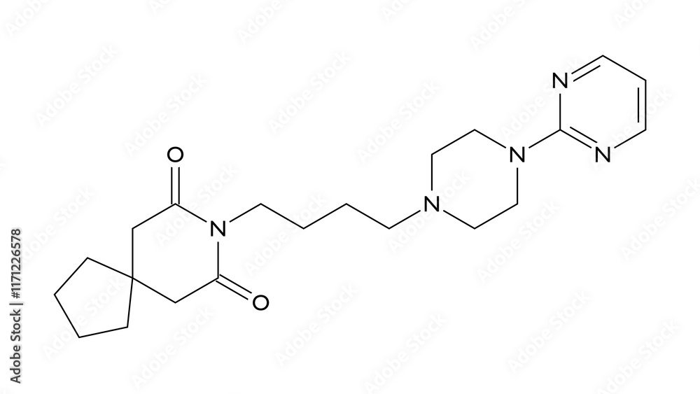 buspirone molecule, structural chemical formula, ball-and-stick model ...