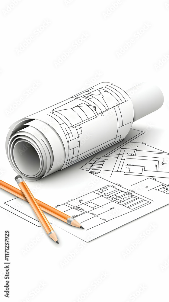 Rolled blueprints & pencils, architectural design plans, white ...