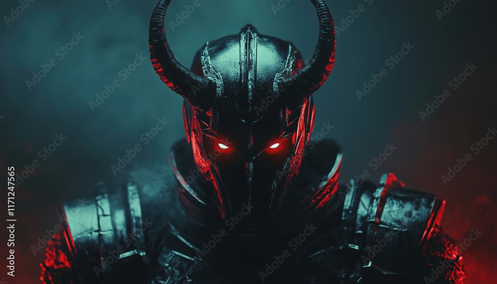 Foto de Stock Grim Warrior: A Dark Knight With Horns, Glowing Eyes, And ...