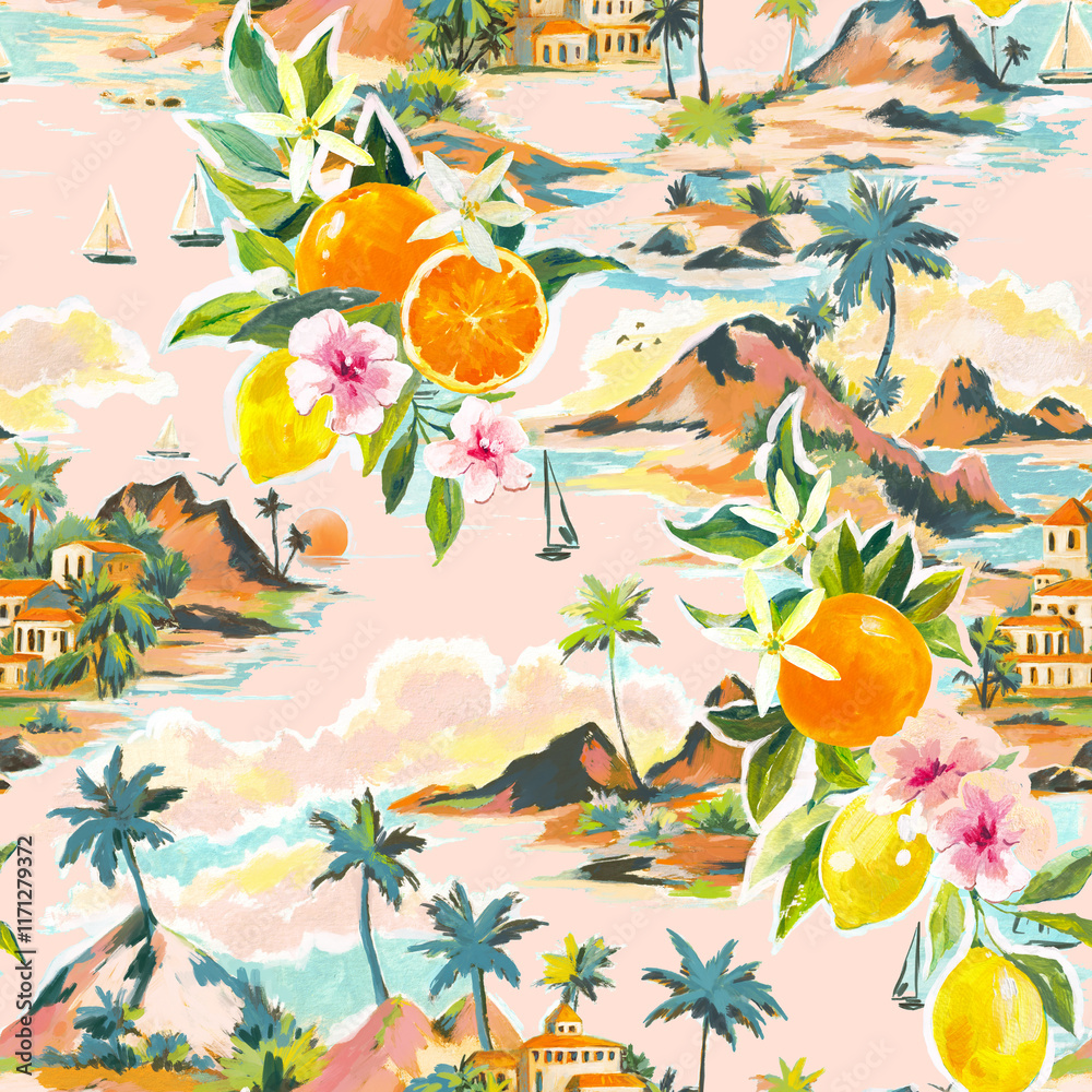 Beautiful tropical seamless pattern with hand drawn paradise islands ...