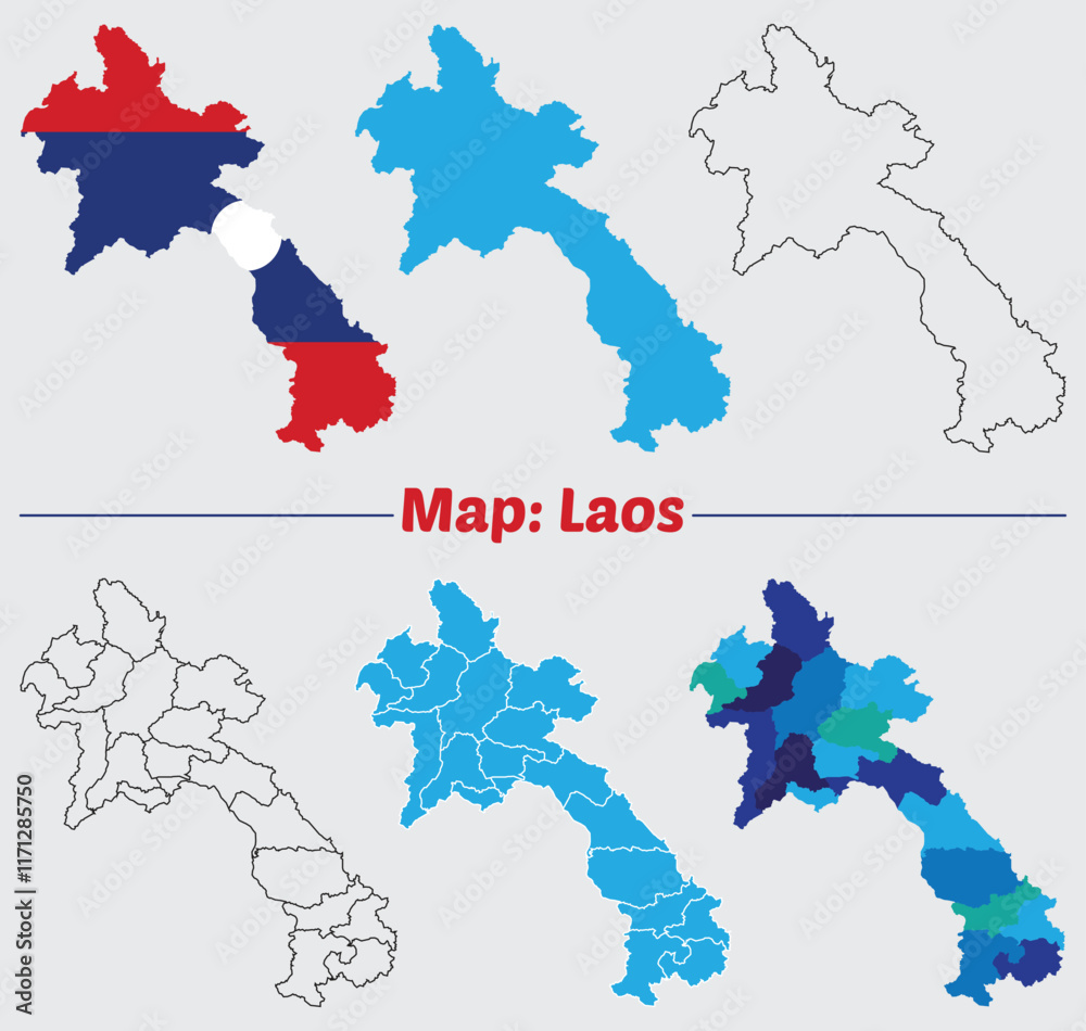 Laos country map set. internal provinces borders marked, Simple map of ...