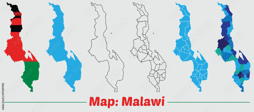 Malawi country map set. internal provinces borders marked, Simple map ...