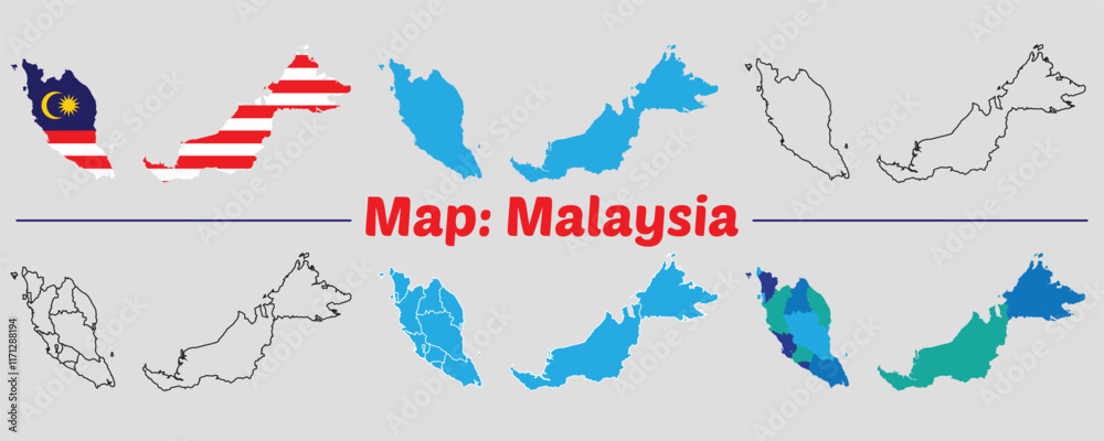Malaysia country map set. internal provinces borders marked, Simple map ...
