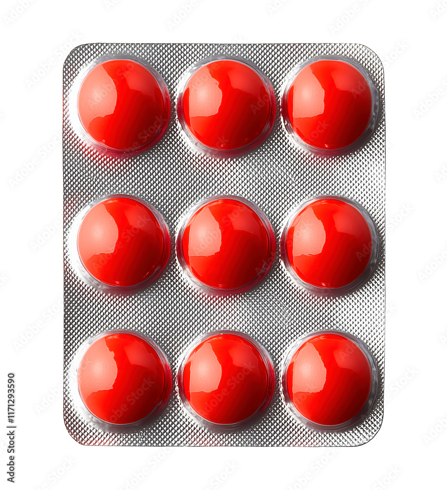 Bright red capsules in a blister pack for medication use on a ...
